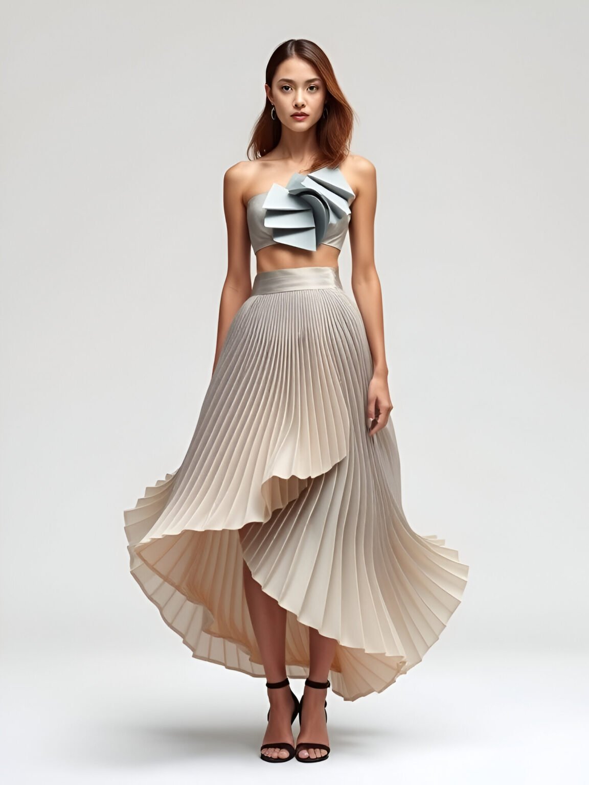 Modern Sculptural Silver Two-Piece with Pleated Skirt